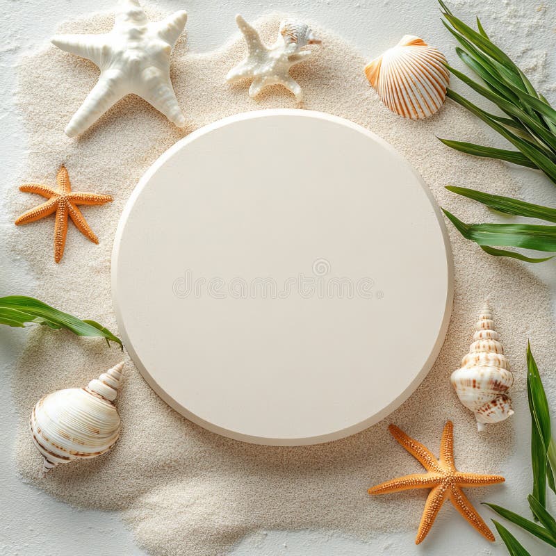 Top View of White Round Frame with Sea Shells and Palm Leaves on White ...