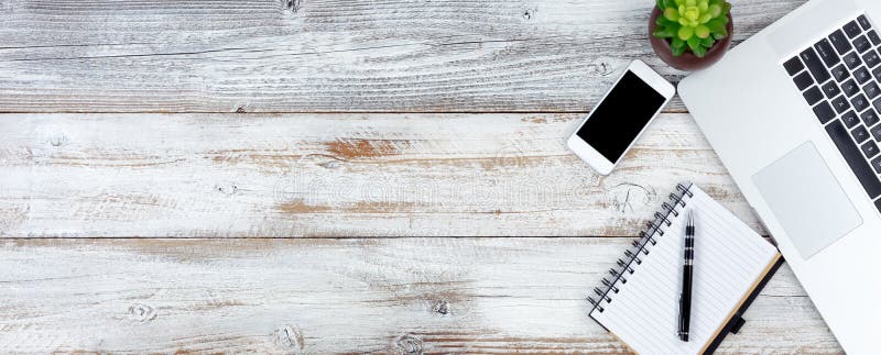 Overhead View of White Rustic Desk with Laptop Computer and Work ...