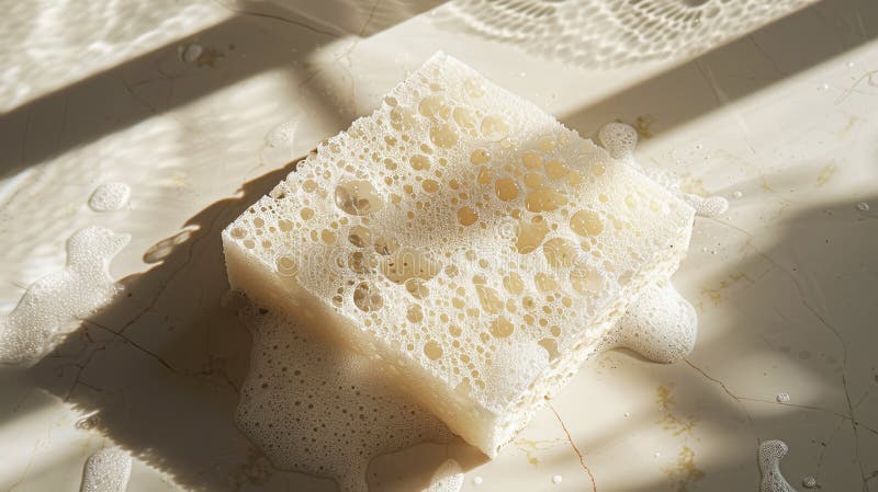 Top View of White Sponge with Soft Soap Foam on Light Kitchen Backdrop ...