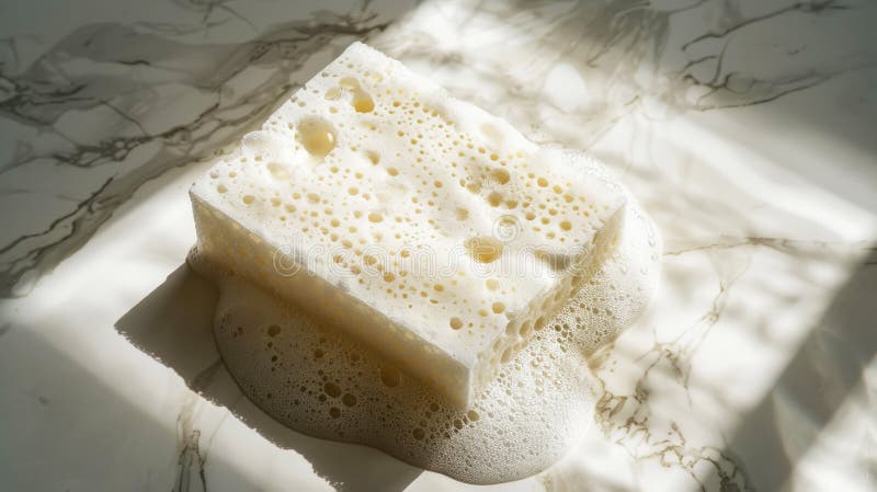 Top View of White Sponge with Soft Soap Foam on Light Kitchen Backdrop ...