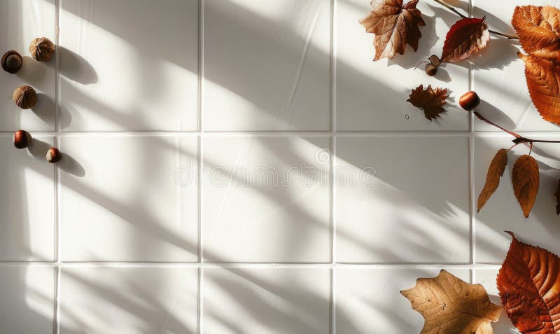 Top View of a White Tile Countertop, Frame of Autumn Leaves and Nuts ...