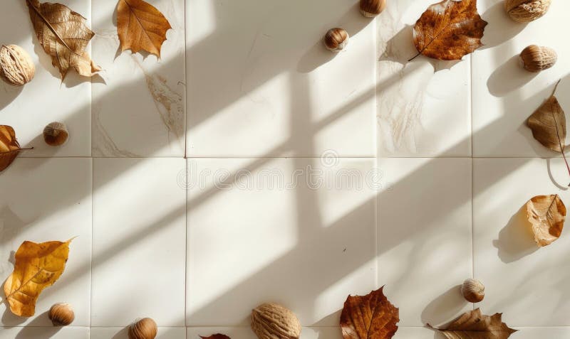 Top View of a White Tile Countertop, Frame of Autumn Leaves and Nuts ...