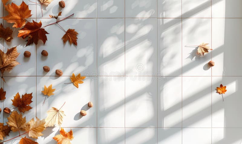 Top View of a White Tile Countertop, Frame of Autumn Leaves and Nuts ...