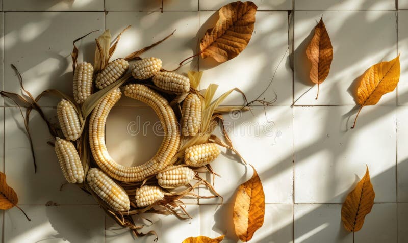 Top View of a White Tile Countertop, Frame of Autumn Leaves and Nuts ...
