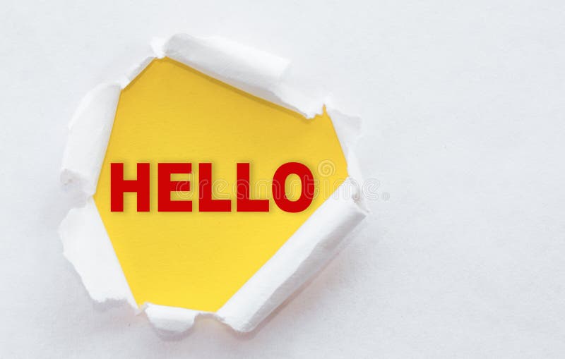 Top View of White Torn Paper and the Text HELLO on a Yellow Background ...