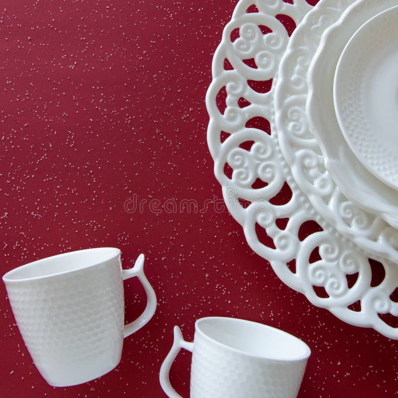 Top View of White Vintage Tableware Set on Red Background. Empty ...