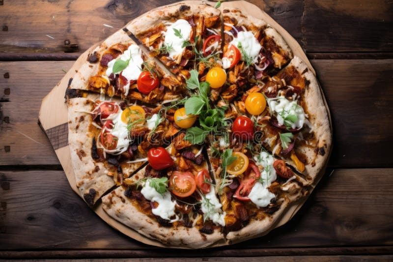 A Top View of a Whole Flatbread Pizza on a Rustic Wooden Table Stock ...