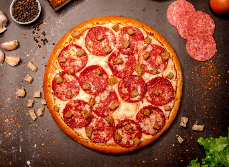 Top View of a Whole Pepperoni Pizza on the Table Stock Image - Image of ...
