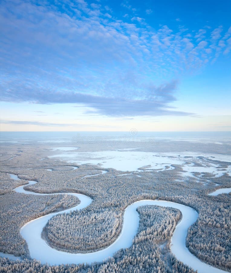Top View of Winter Forest River Stock Photo - Image of blue, cloud ...