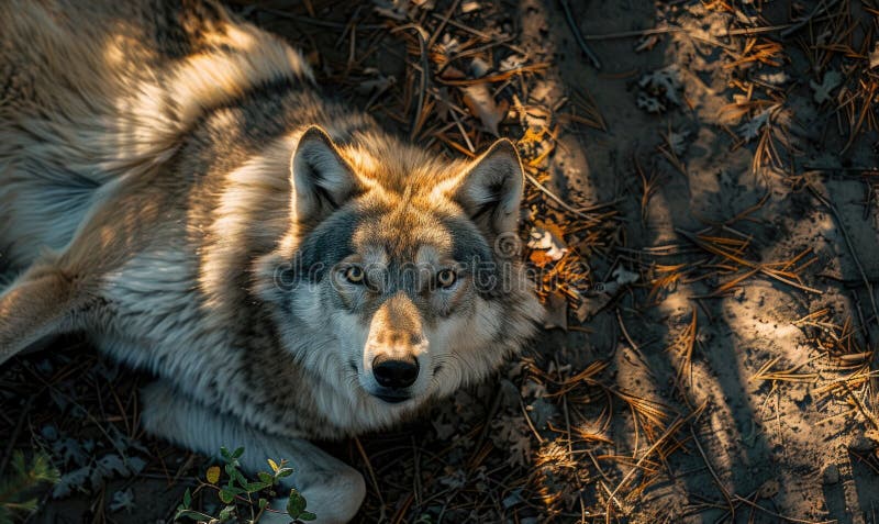 Top View of a Wolf Lying in the Shade Stock Image - Image of stare ...