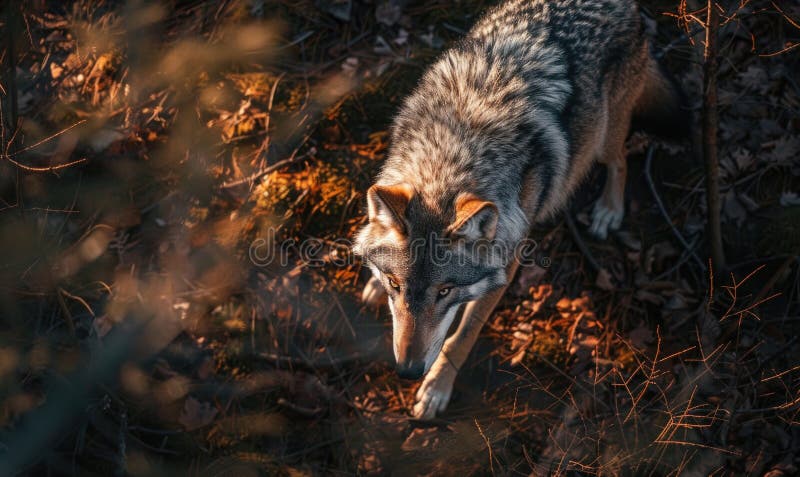 Top View of a Wolf Prowling through the Forest Stock Photo - Image of ...