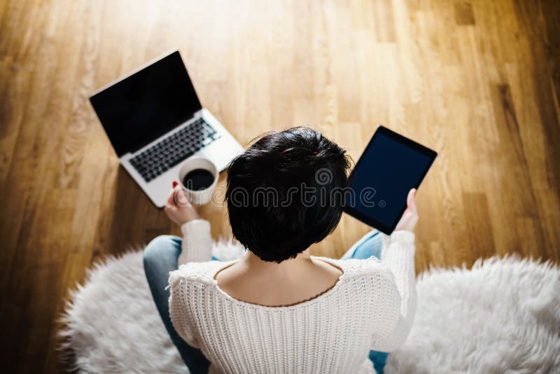 Top View of a Woman with a Computer Stock Photo - Image of overhead ...