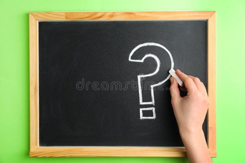 Top View of Woman Drawing Question Mark with Chalk on Blackboard Stock ...