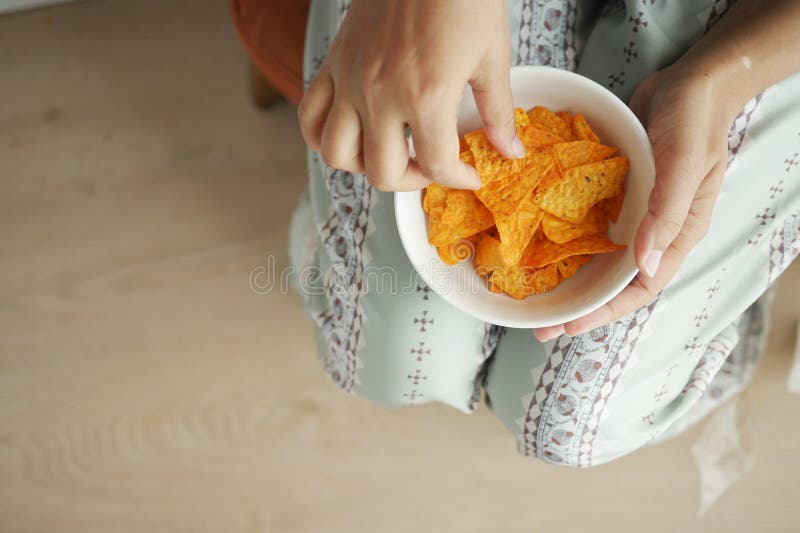 Top View of Woman Eating Potato Chips. Stock Photo - Image of unhealthy ...