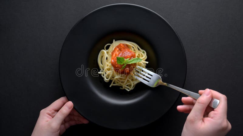 Top View of a Woman with Fork Ready To Eat Spaghetti Stock Photo ...