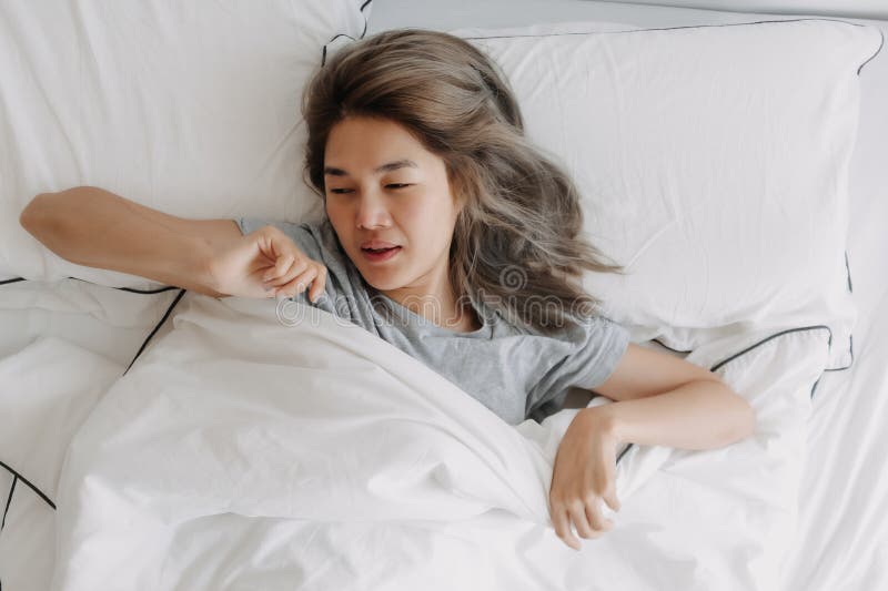 Top View of Woman Just Wake Up Lying on the Bed Feeling Not Ready ...