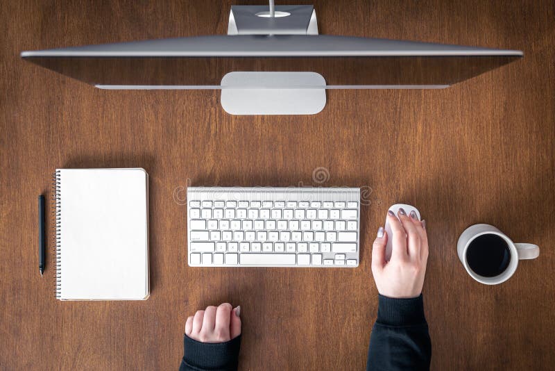 Top View, Woman Working at the Computer, Wooden Table. Stock Photo ...