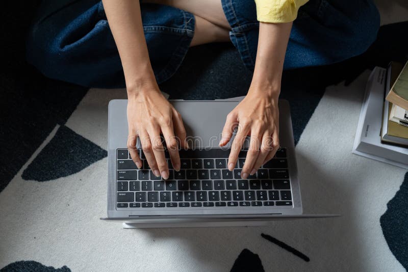 Top View Woman Working on the Laptop Computer, Close Up Stock Photo ...