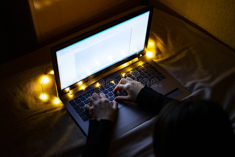 Top View of a Woman Working with the Laptop at Night Stock Image ...