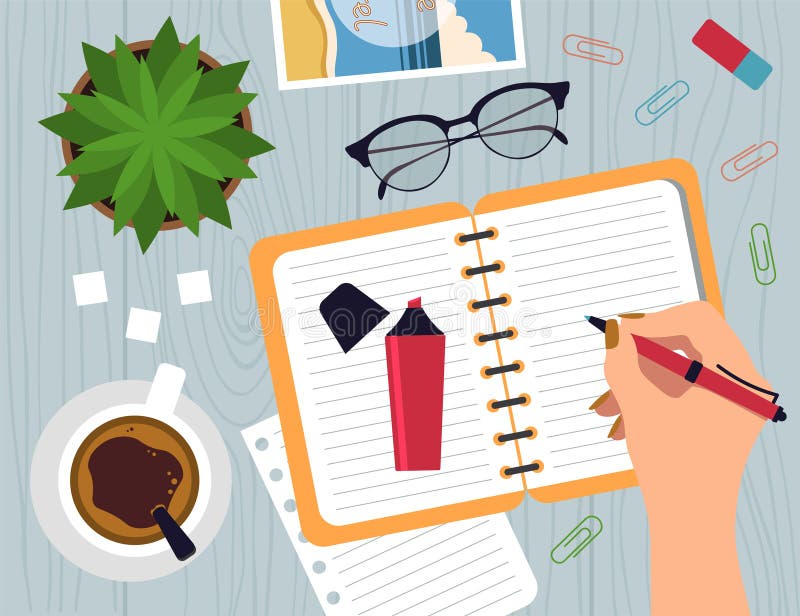 Top View of Womans Hand Drawing in Notebook. Vector Illustration in ...