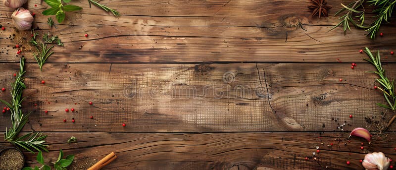 Top View of Wood Table with Spices and Ingredients Around the Edges ...