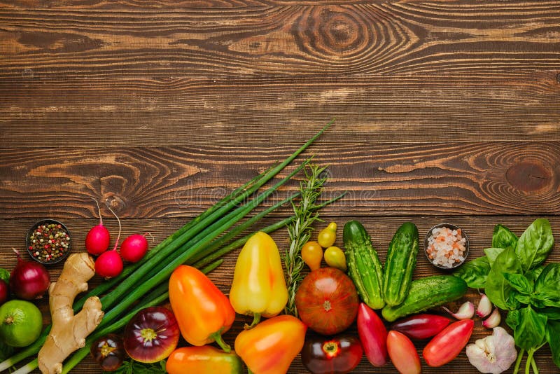 Top View of Wooden Background with Various Types of Vegetables Stock ...