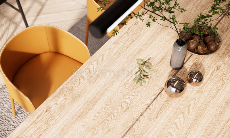 Top View Wooden Dinning Table and Yellow Chairs. 3d Rendering Stock ...
