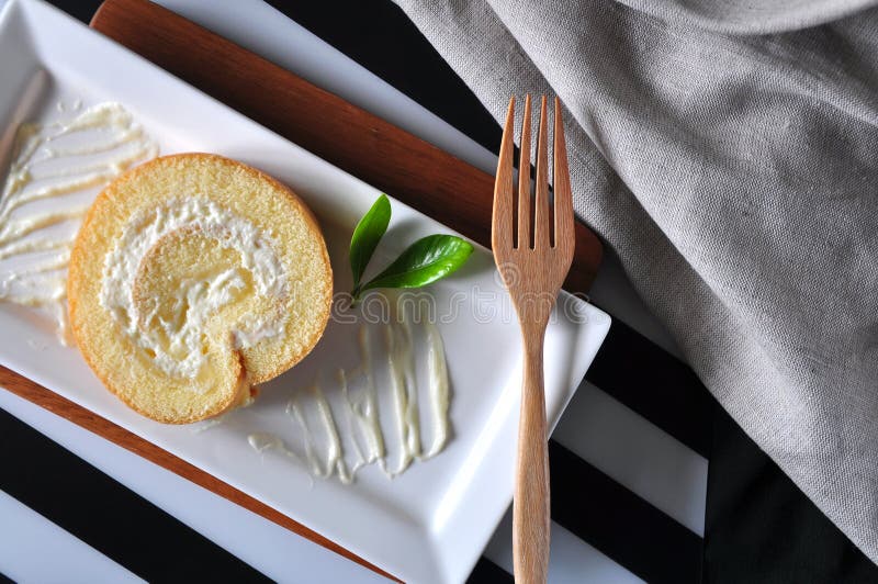 Top View of Wooden Fork on Roll Cake Dish Stock Image - Image of pastry ...