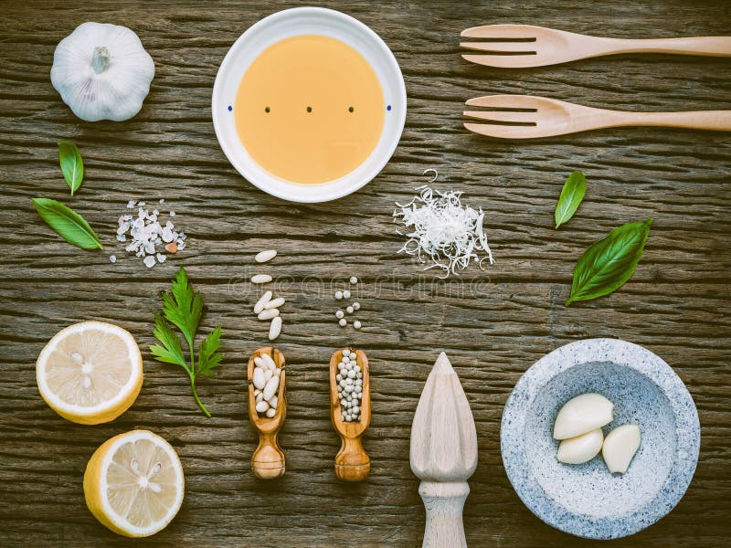 Top View of Wooden Kitchen Table with Different Seasonings Stock Photo ...