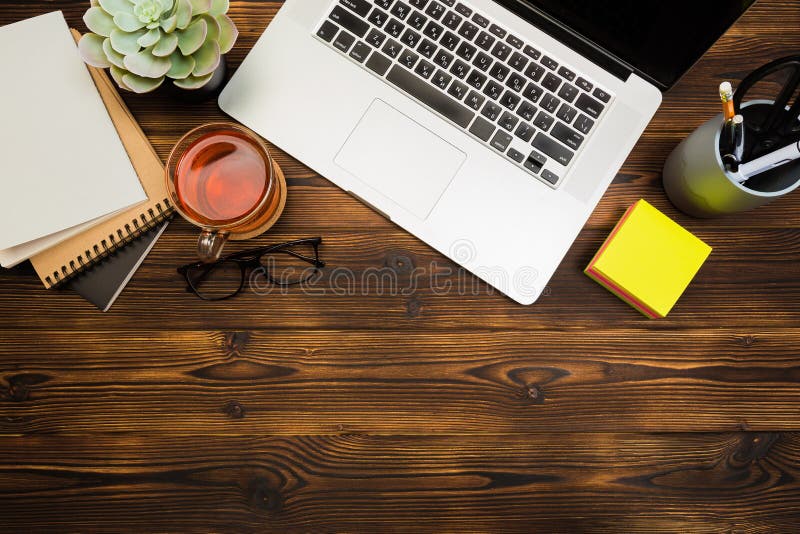 Top View Wooden Office Desk with Copy Space Stock Image - Image of ...