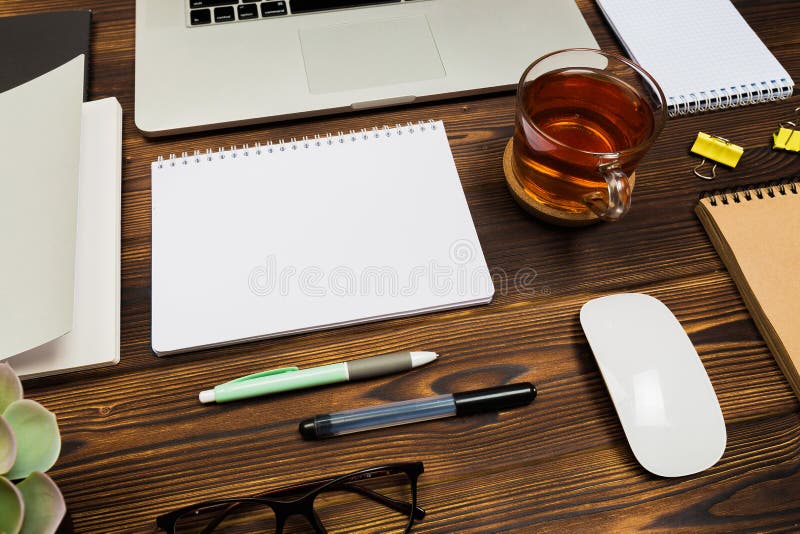 Top View Wooden Office Desk with Copy Space Stock Image - Image of ...