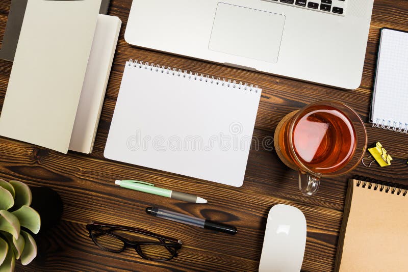 Top View Wooden Office Desk with Copy Space Stock Photo - Image of page ...