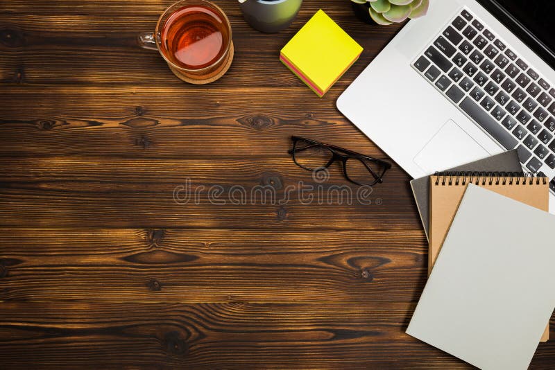 Top View Wooden Office Desk with Copy Space Stock Photo - Image of ...