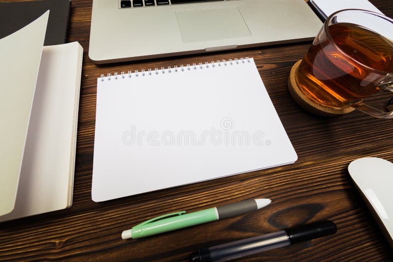 Top View Wooden Office Desk with Copy Space Stock Image - Image of ...