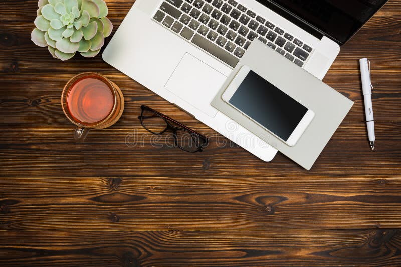 Top View Wooden Office Desk with Copy Space Stock Image - Image of ...