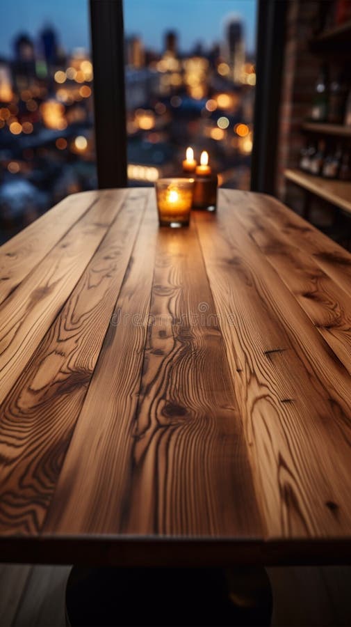 Top View of a Wooden Table Against a Blurred Bar Interior Stock ...