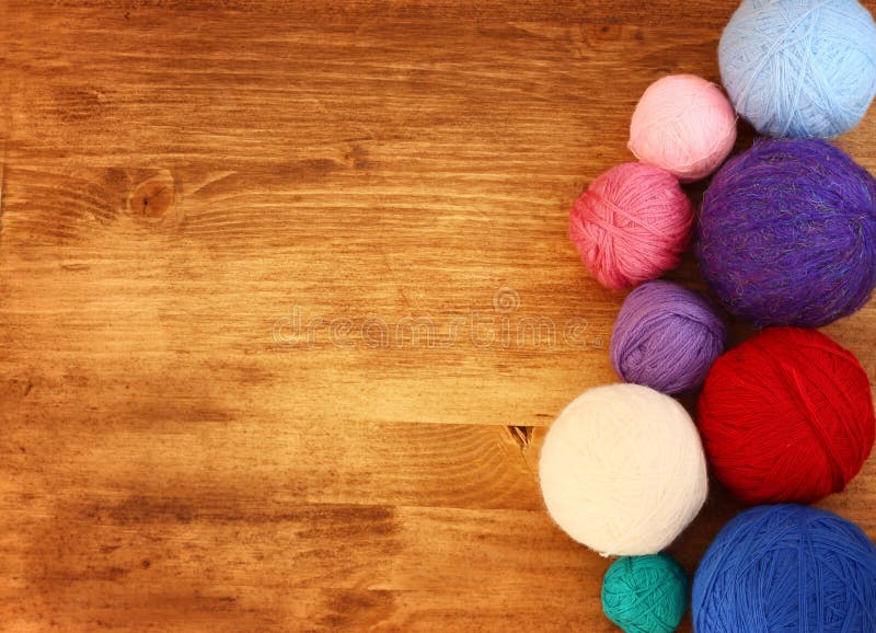 Top View of Wool Balls Over Wooden Table Stock Image - Image of fiber ...
