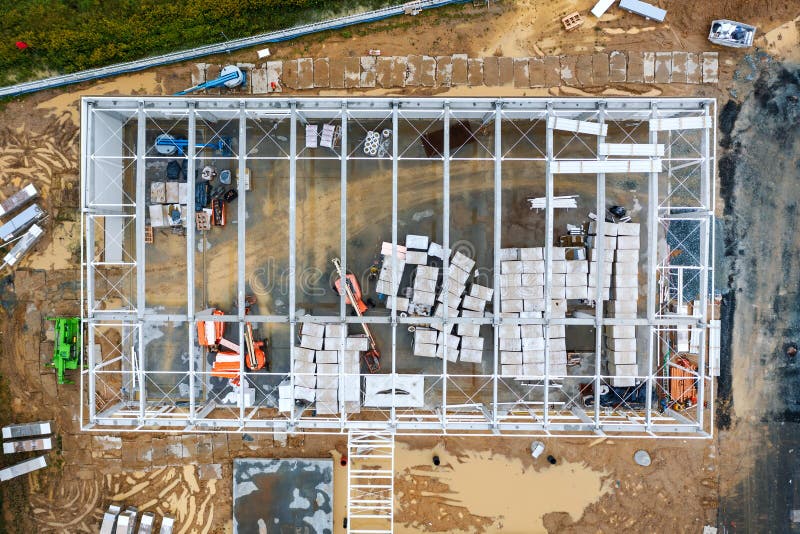 Top View of the Work Area and Large Steel Frame of a Large Commercial ...