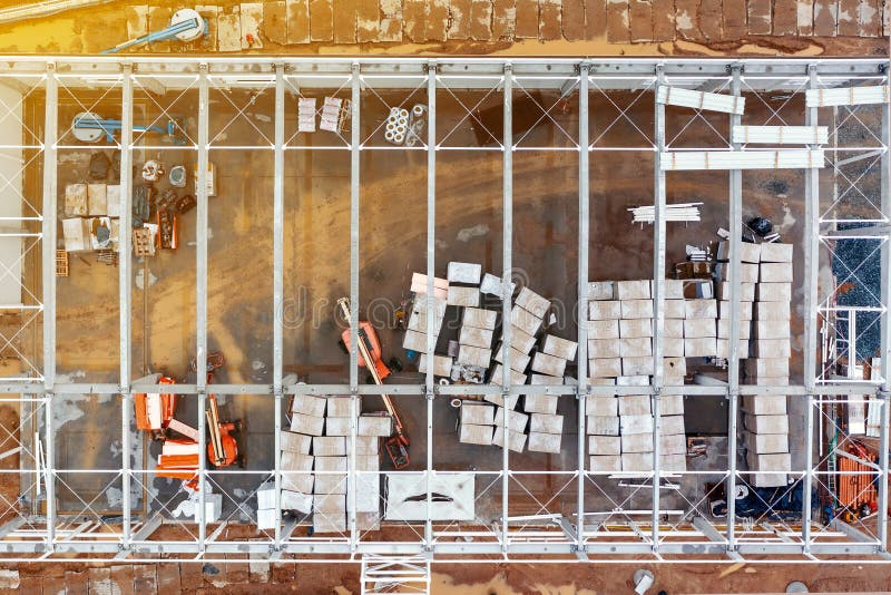 Top View of the Work Area and Large Steel Frame of a Large Commercial ...