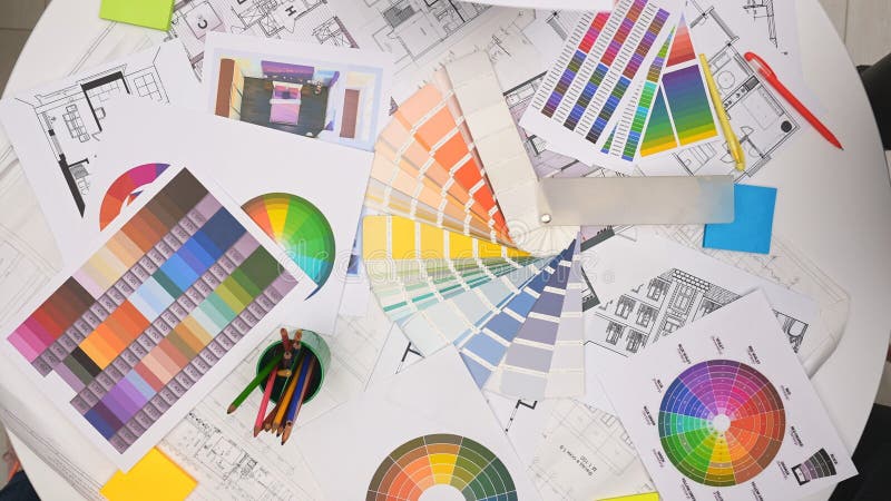 Top View of Work Desk for Creative Interior Designers Team Members ...