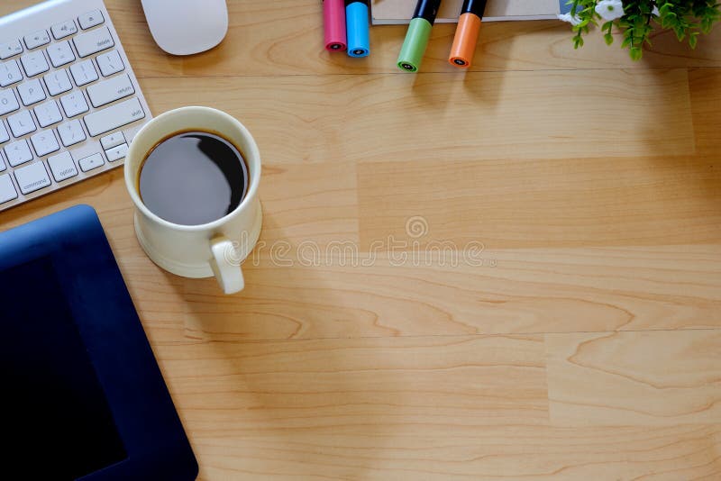 Top View Work Desk. Mock Up Office Desk Table with Computer, Supplies ...