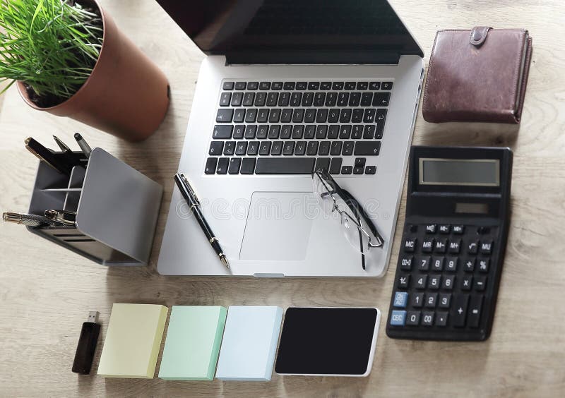 Top View.work Desk in Modern Office Stock Photo - Image of notes, copy ...