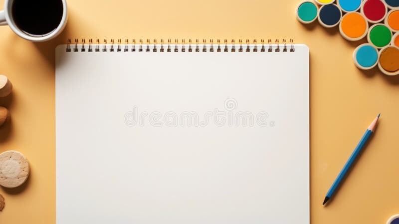 Top View of Work Desk with Notepad, Office Supplies Creative Clutter ...