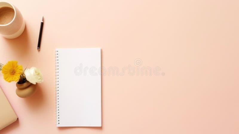 Top View of Work Desk with Notepad, Office Supplies, Flowers and ...