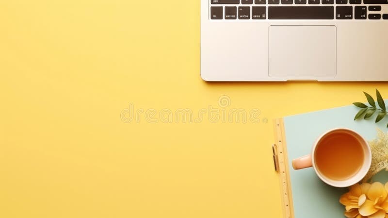 Top View of Work Desk with Notepad, Office Supplies, Flowers and ...