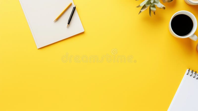 Top View of Work Desk with Notepad, Office Supplies, Flowers and ...