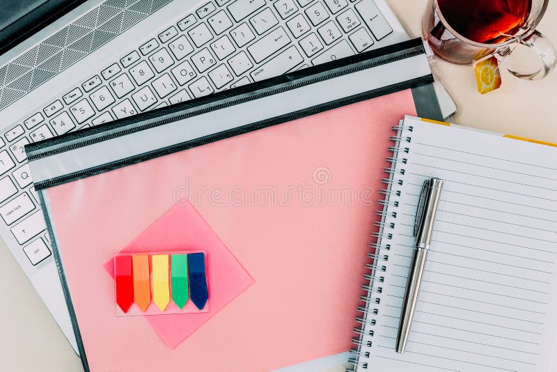 Top View of Work Place Composition with Laptop, Folder, Notebook and ...