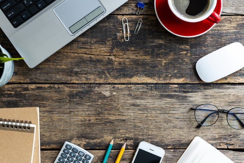 Top View Work Space, Office Desk with Coffee and Computer, and Office ...