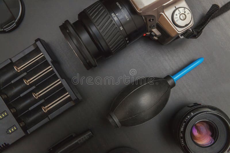 Top View of Work Space Photographer on Black Table Background Stock ...