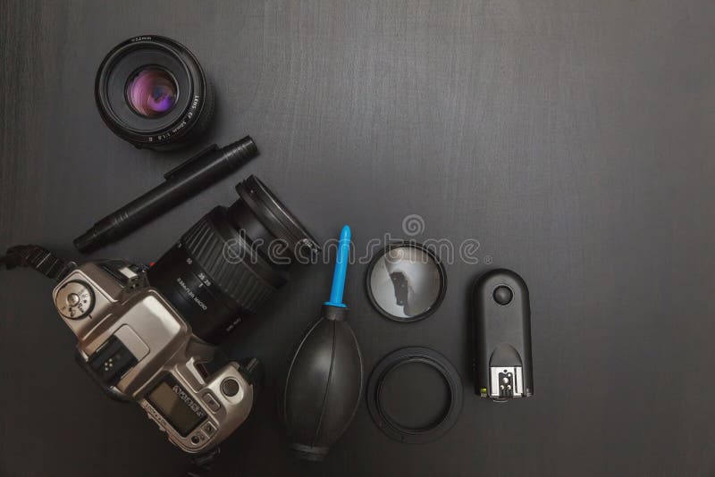 Top View of Work Space Photographer on Black Table Background Stock ...